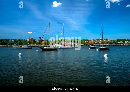 Shepshead Bay marina on a sunny early summer day; Brooklyn, NY USA ...