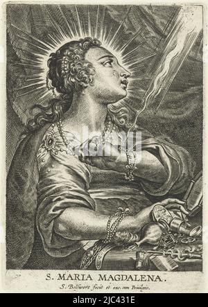 Mary Magdalene sits as a richly dressed woman at a table full of ...