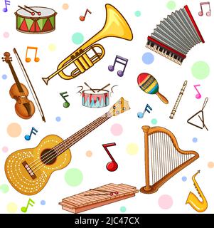 Collection of seamless patterns with musical instruments. Colorful ...
