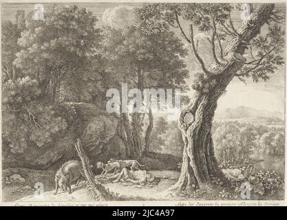 Death of Adonis; Adonis story. In a hilly landscape with tree ladies ...