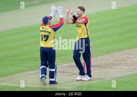 Ben Allison of Essex celebrates taking the wicket of Joe Weatherley ...