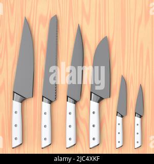 Set of chef's kitchen knives with a wooden handle isolated on white ...