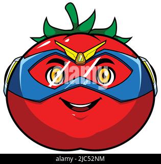Cartoon tomato super hero isolated vector icon. Funny vegetable in ...