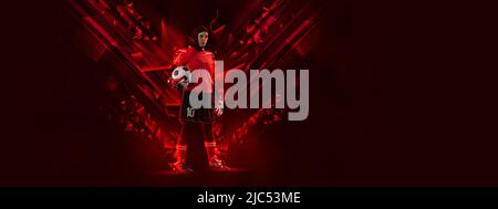 Flyer with arabian woman, soccer goalkeeper in action isolated on dark ...