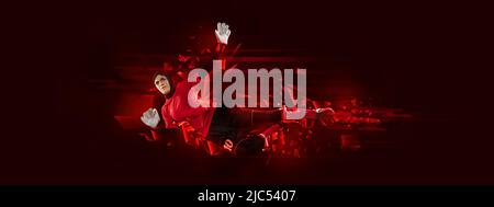 Flyer with arabian woman, soccer goalkeeper in action isolated on dark ...