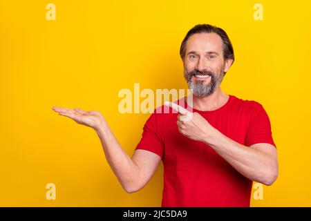 Photo of funny mature brunet man say telephone wear red t-shirt ...