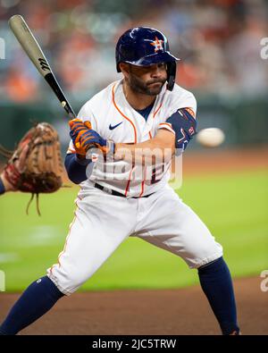 Houston Astros' Jose Altuve watches his double during the eighth inning in Game 4 of the ...
