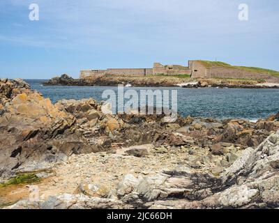 View of Braye Bay, Alderney from Fort Albert Stock Photo - Alamy