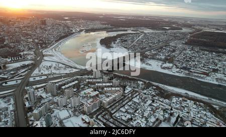 Trans-Siberian bridge across Agidel in Ufa, Winter drone views of ...