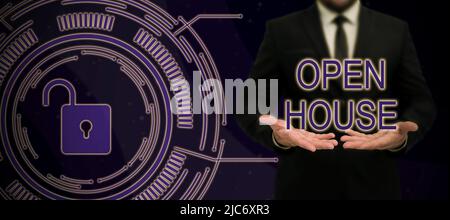 Hand writing sign Open House. Word for you can come whatever whenever ...