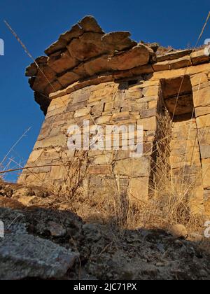 Eaves of the ruins of the stone citadel of Rupac in the Peruvian Andes ...