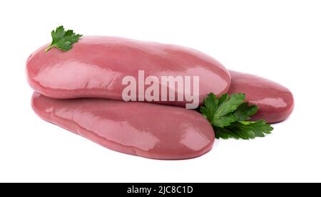 Cut fresh raw pork kidney on white background Stock Photo - Alamy