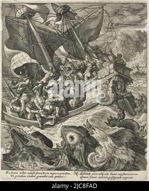 Jonah is thrown overboard by the sailors; History of Jonah. The ship on ...