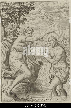 Christ is baptized by John the Baptist in the Jordan. Angels hold Christ's clothes on the bank ...