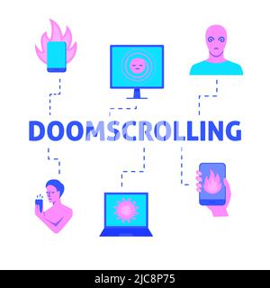 Doomscrolling, psychology problem vector illustration. Cartoon sad man with panic expression ...