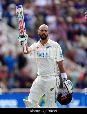 Daryl Mitchell of New Zealand is hit with a ball off Jofra Archer of ...