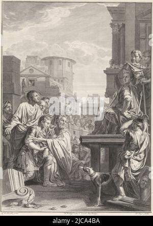 Lucius Papirius Cursor, seated on a throne, shows mercy to the young ...