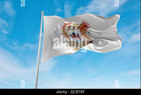 official flag of Greater Copenhagen , Denmark at cloudy sky background ...