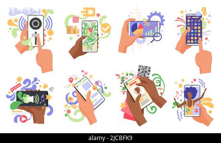 Mobile app users black and white cartoon flat illustration bundle Stock ...