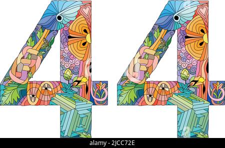 Four number Isolated zentangle illustration for coloring. Color and ...