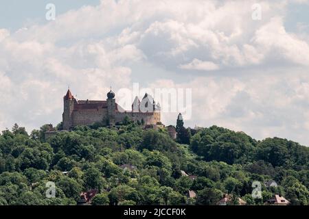 Coburg, Germany. 12th June, 2022. A coot swims along under the branches ...