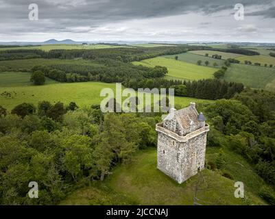 Aerial shot of Fatlips Castle a peel tower in Roxburghshire, in the ...