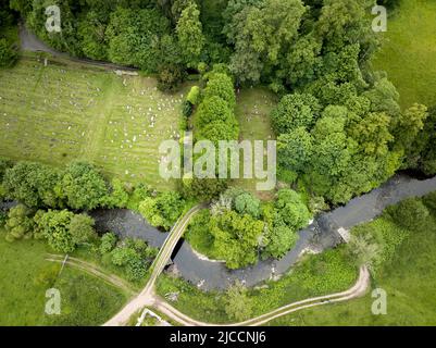 Aerial shot of the Bridge Over the Ale Water At Ancrum Old Parish ...