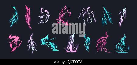 Cartoon lightning effect. Electricity discharge, bright thunderbolt hit ...