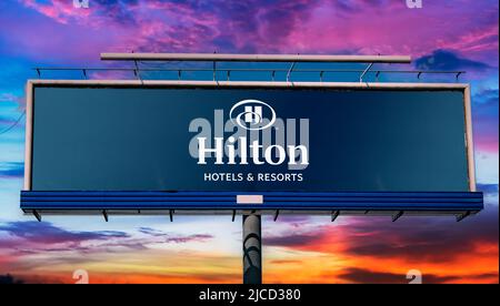 Billboard displaying logo of Hilton Hotels and Resorts Stock Photo - Alamy