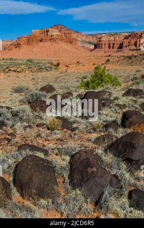 Volcanic bombs, molten lava from an ancient volcano, CANYONLANDS, Utah ...