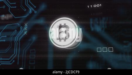 Image of interference over bitcoin symbol, data processing and computer ...