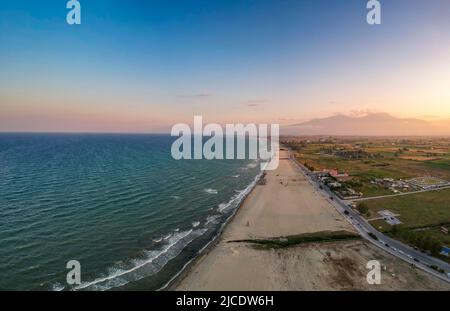 The endless beach over the seaside town Paralia Katerini - Aerial ...