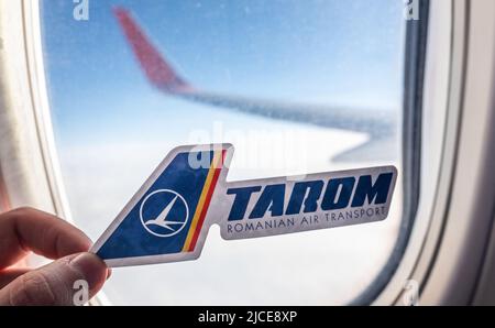 December 6, 2021, Bucharest, Romania. The emblem of the airline TAROM ...