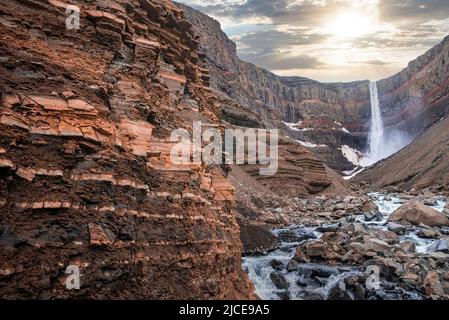 Beautiful cascades of scenic Hengifoss falling from mountains during ...