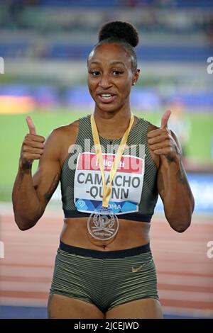 Jasmine Camacho-Quinn (PUR) poses with scoreboard after winning the ...