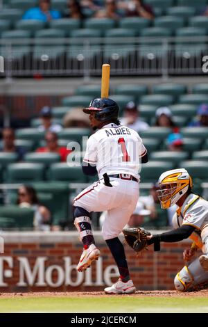 Atlanta Braves' Ozzie Albies waits for a pitch during an at-bat in a ...
