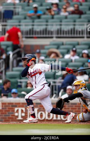 Atlanta Braves' Ozzie Albies watches from the dugout during the sixth ...