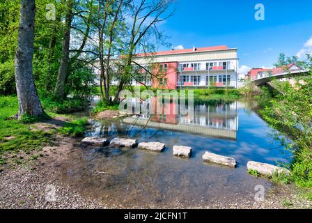 River, bridge, reflection, Baunach castle, senior center, landscape ...