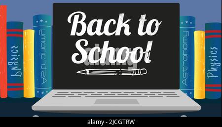 Illustration of laptop with various subjects textbooks and school ...