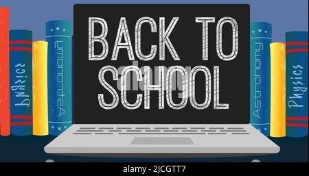 Illustration of laptop with various subjects textbooks and school ...
