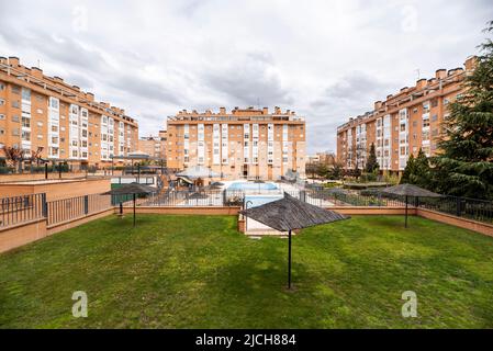 Urbanization facades of residential buildings with gardens and common ...