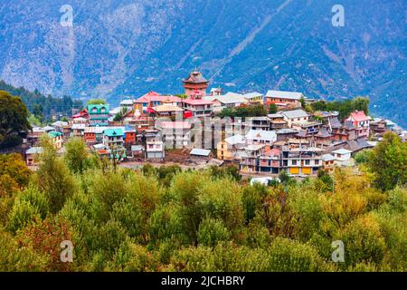 Kalpa and Kinnaur Kailash mountain aerial panoramic view. Kalpa is a ...