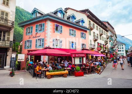 CHAMONIX, FRANCE - JULY 18, 2019: Cafe in Chamonix city centre ...