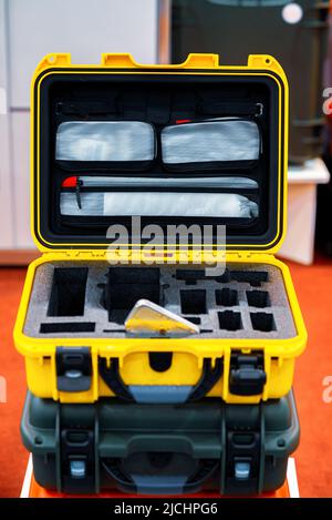 Black plastic case with foam inside. Weapon case isolate on white ...