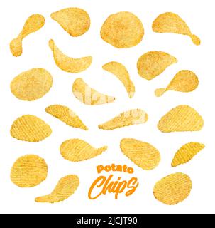 Flying potato chip 3d realistic set isolated on transparent background ...