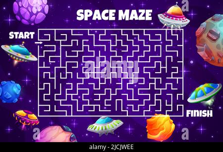 Space labyrinth maze help to ufo find a planet. Kids vector worksheet ...