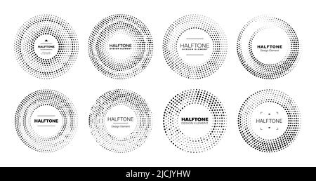 Halftone circle pattern. Borders and frames with dots, graphic design elements, raster effects ...