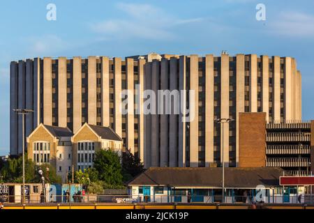 Barclays House in Poole Dorset UK with blue sky above and cars passing ...