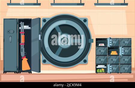 Bank vault inside with dollar bills and deposit cell. Cartoon money ...