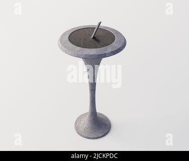 A modern round stone sundial with etched roman numerals standing an a ...